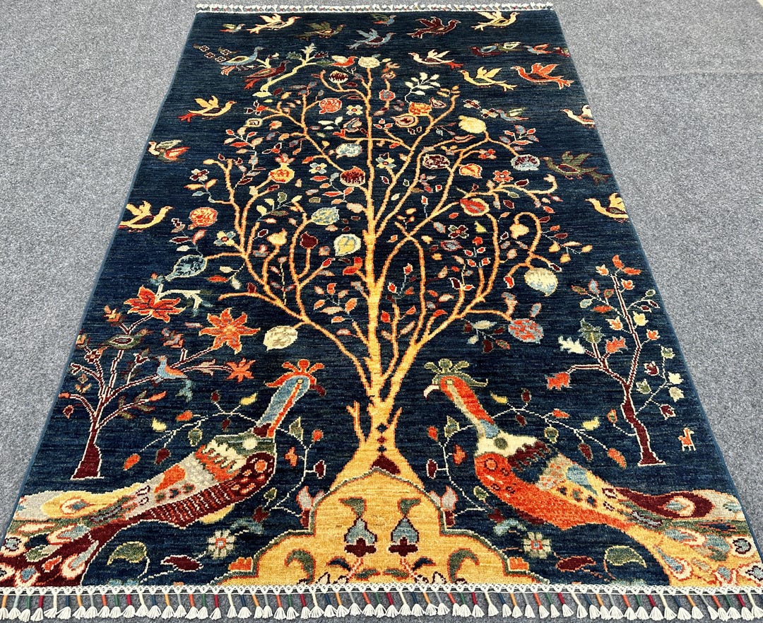 4x6 Navy Blue Birds Pictorial Rug, Hand-knotted Afghan Rug, Vegetable ...