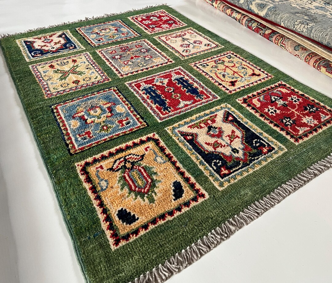 2x3 Ft, Floral Green Area Rug, Afghan Hand-knotted Rug, Living Room Rug ...