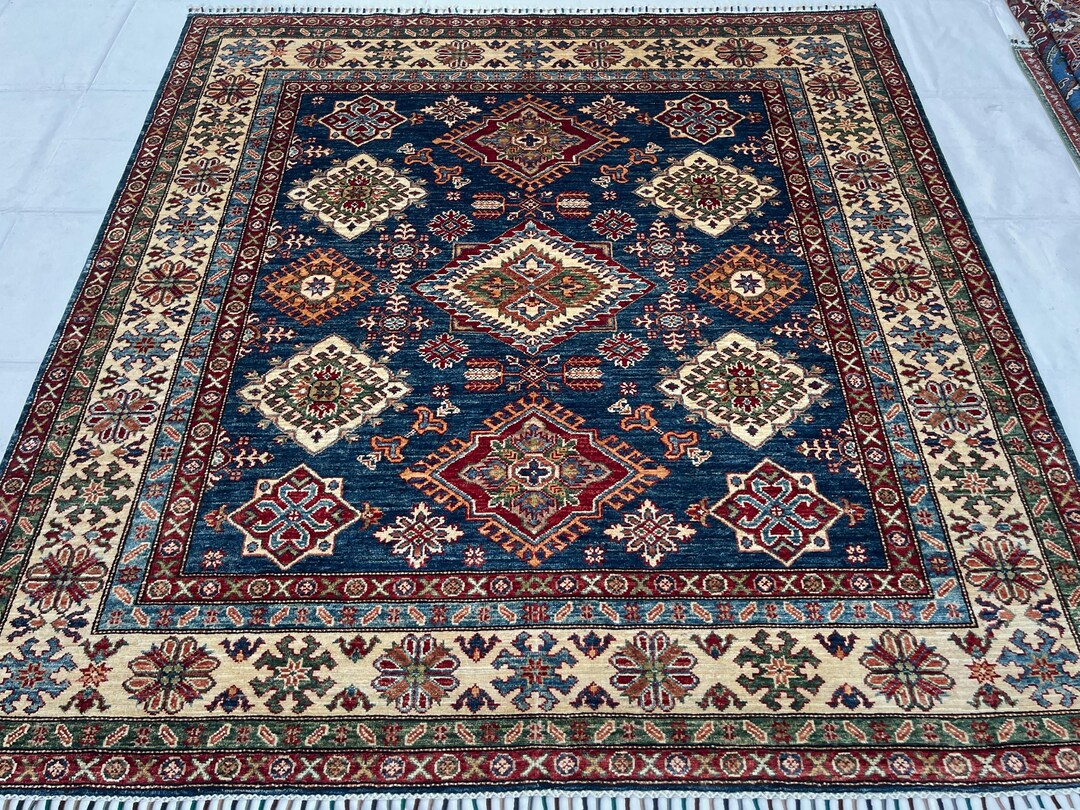 6x6 Blue Kazak Area Rug, Hand Knotted Afghan Rug, Square Wool Carpet ...
