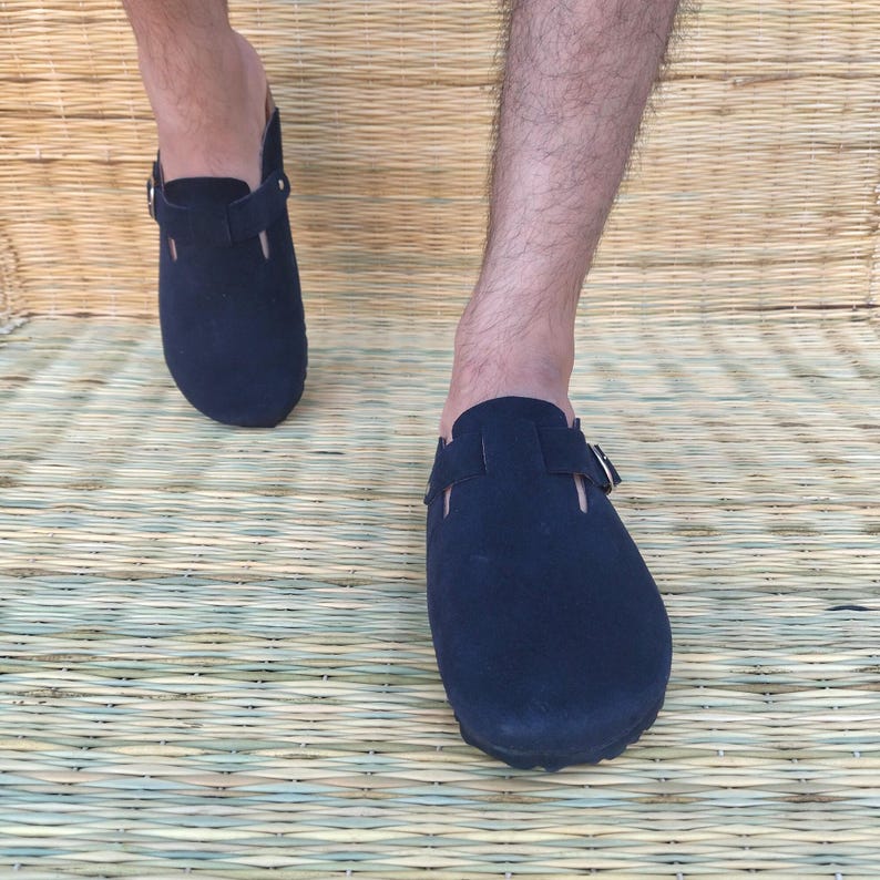 Mens & Womens Clogs - Dark Blue Suede Mule - Unisex Adjustable Buckle ...