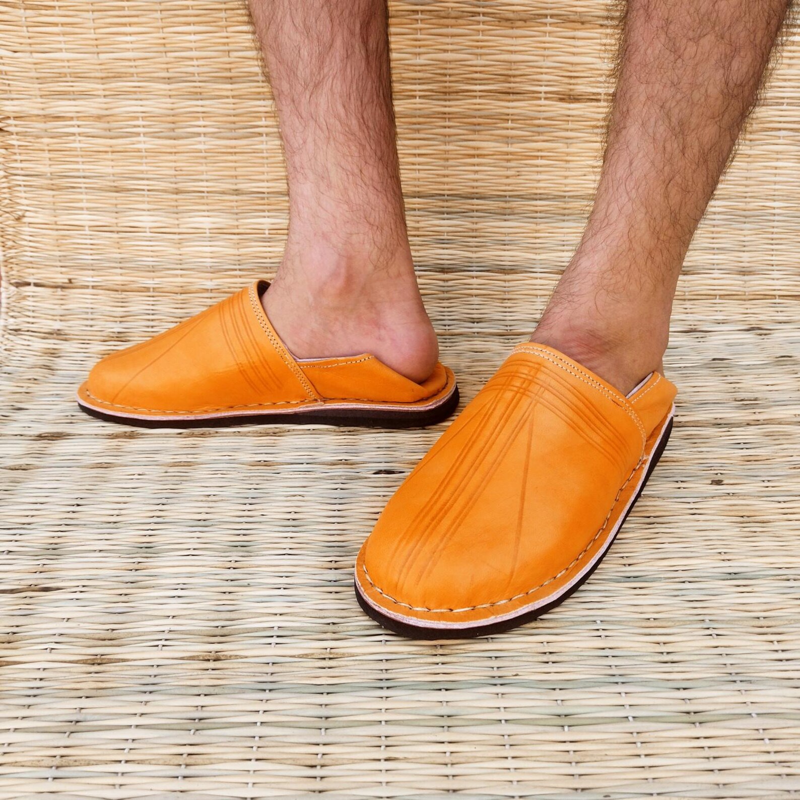 Men’s Orange Leather Babouche – Handmade Moroccan Slippers | Genuine ...