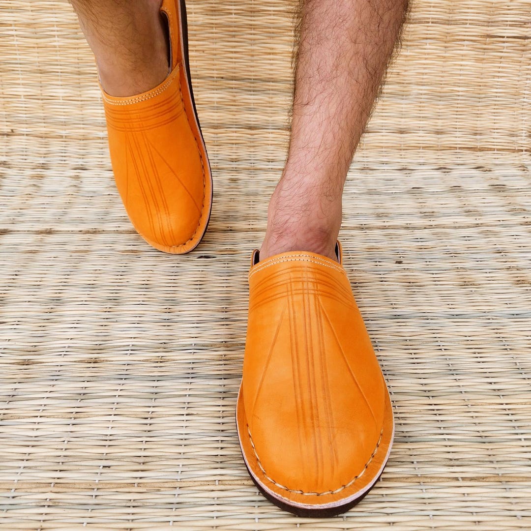 Men’s Orange Leather Babouche – Handmade Moroccan Slippers | Genuine ...