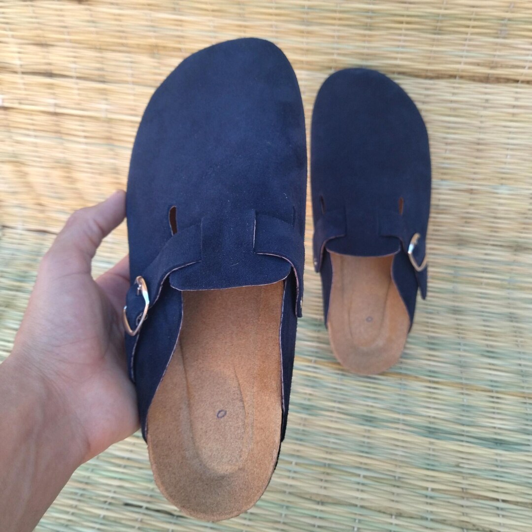 Unisex Navy Blue Suede Clogs - Mens & Womens Cork Footbed Mule ...