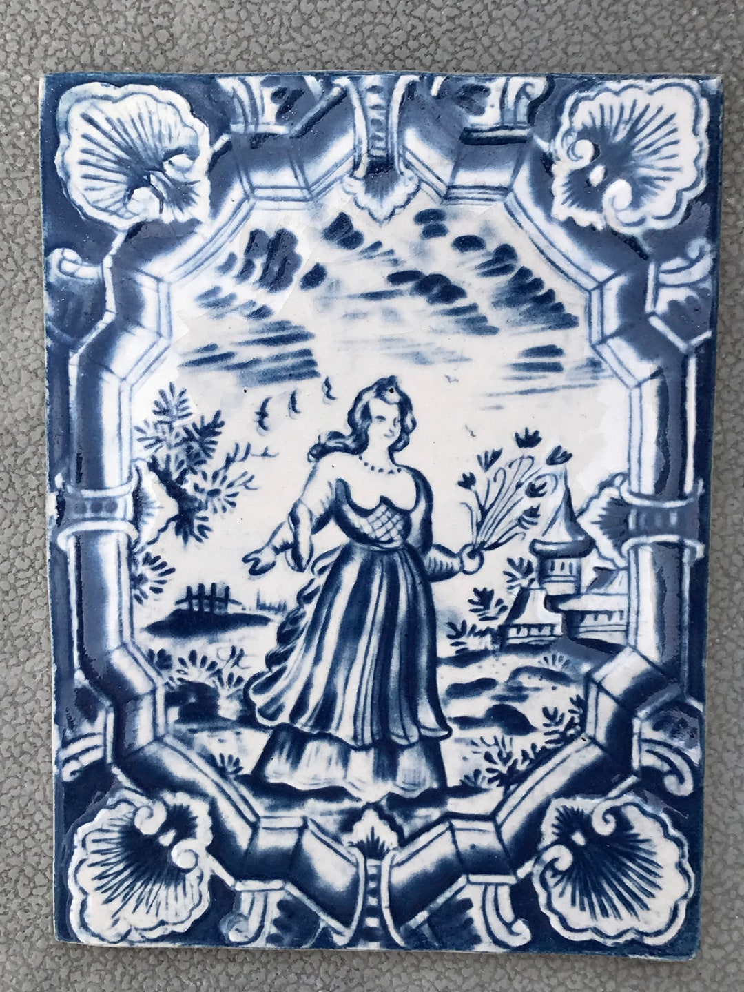 Cobalt Blue and White Delft Style Tile - Woman With Flowers - Impressed ...