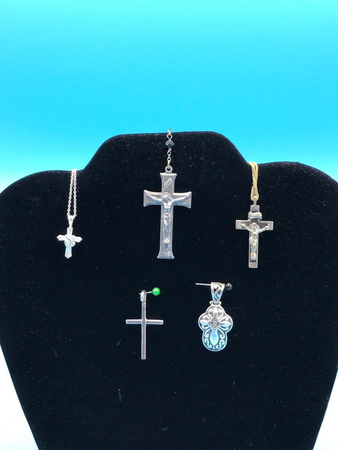 Tray With 5 Vintage Religious Jewelry Items Crystal Dove Necklace Wood ...