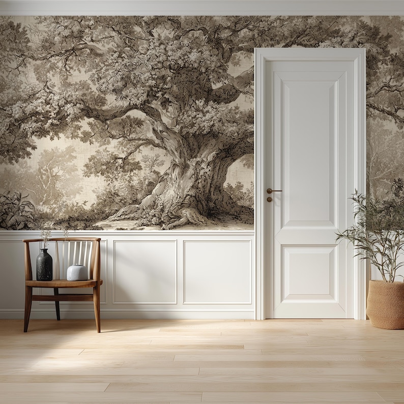 Ancient Oak Tree Mural , Vintage Woodland Wallpaper, Sepia Forest ...