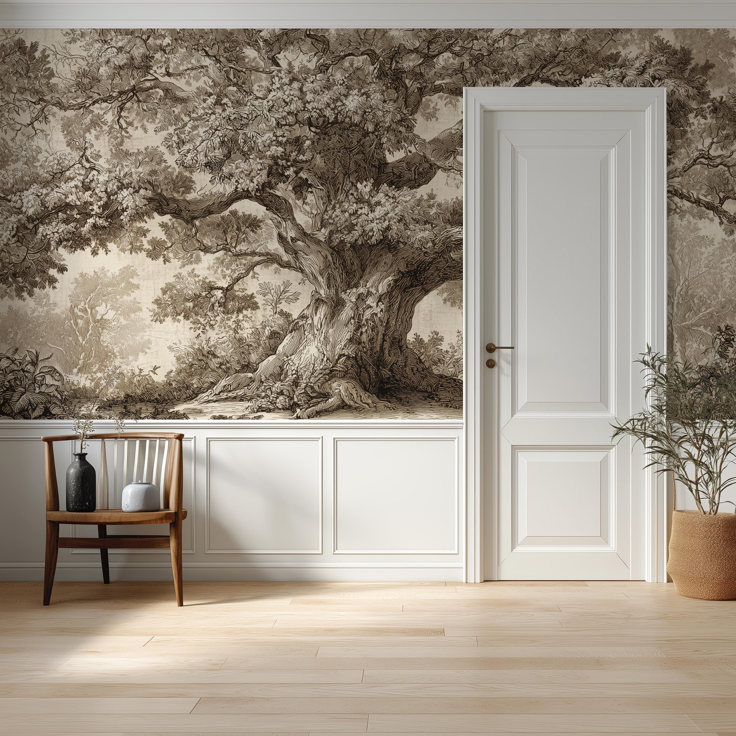 Ancient Oak Tree Mural , Vintage Woodland Wallpaper, Sepia Forest ...