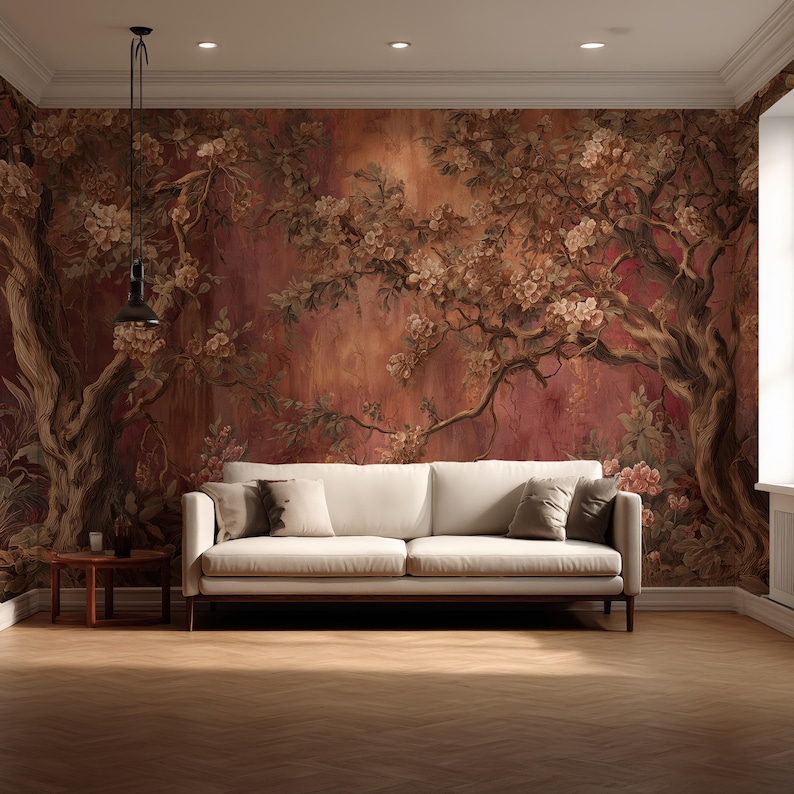 Vintage Floral Tree Mural, Warm Terracotta Blossom Peel and Stick ...