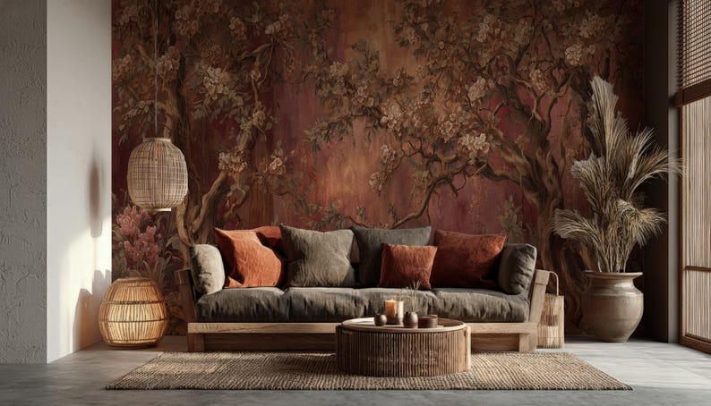 Vintage Floral Tree Mural, Warm Terracotta Blossom Peel and Stick ...