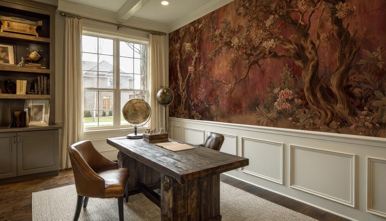 Vintage Floral Tree Mural, Warm Terracotta Blossom Peel and Stick ...