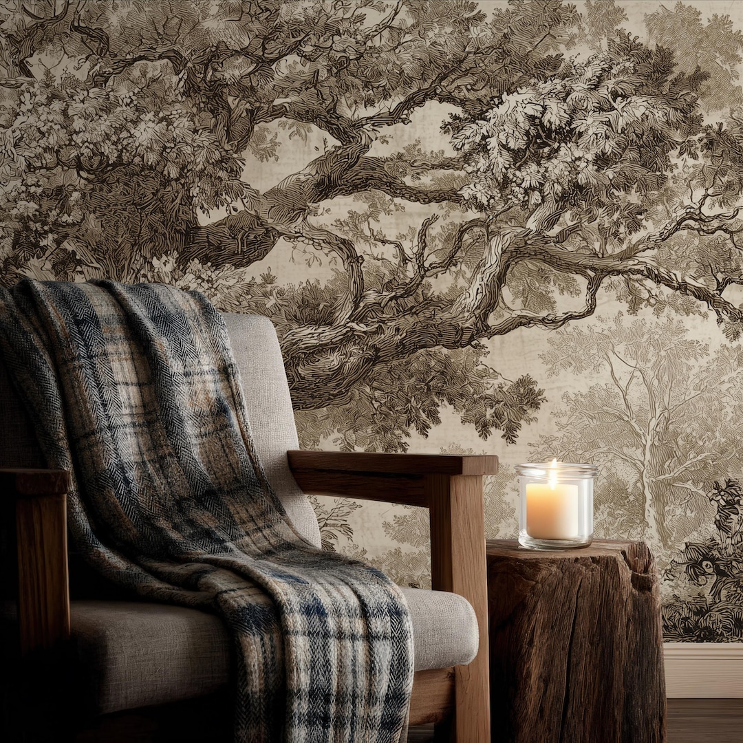Ancient Oak Tree Mural , Vintage Woodland Wallpaper, Sepia Forest ...