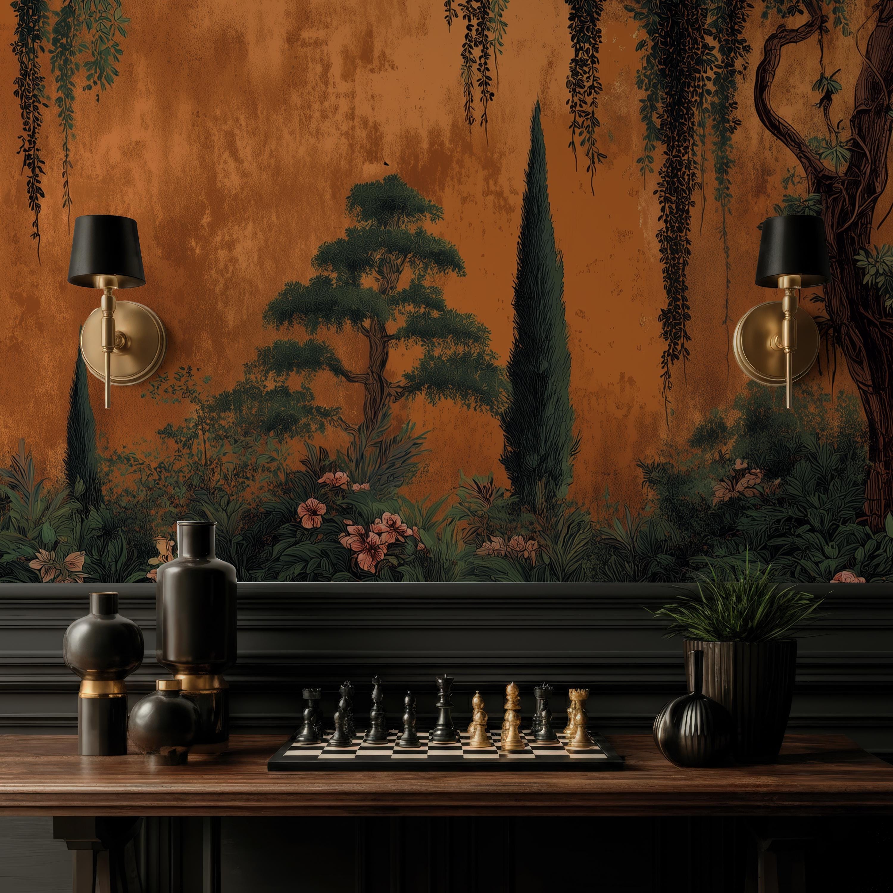 Ancient Grove Wallpaper Mural, Burnt Orange Rustic Wall Effect, Custom ...