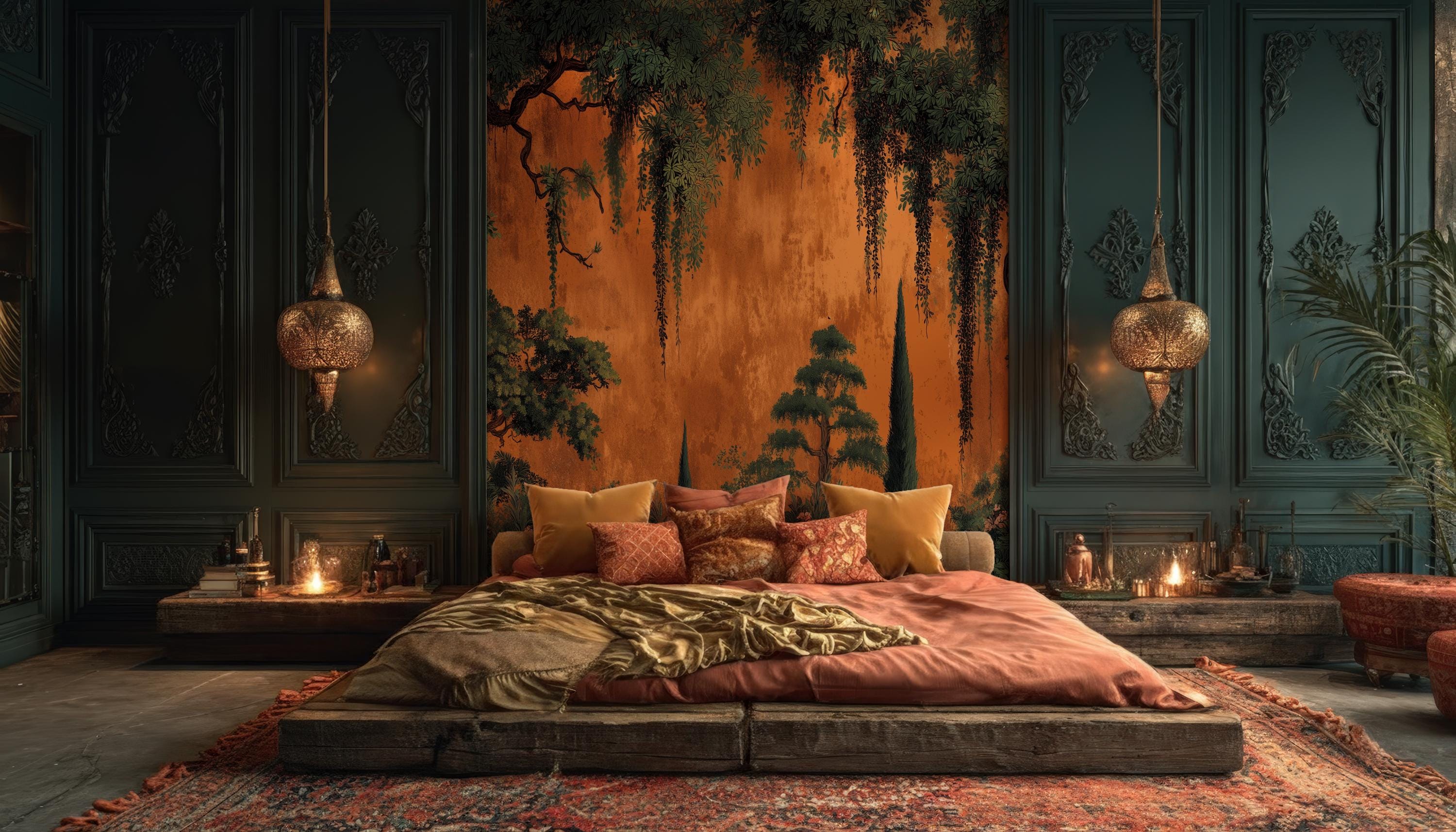 Ancient Grove Wallpaper Mural, Burnt Orange Rustic Wall Effect, Custom ...