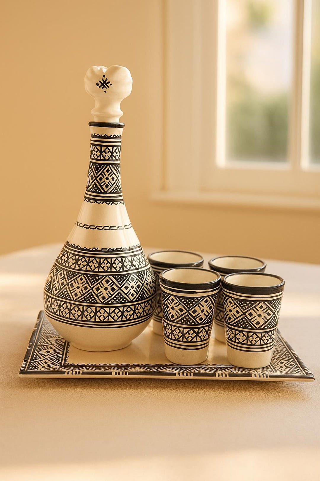 Handmade Moroccan Ceramic Jug and Cups Set – Black and White Geometric ...