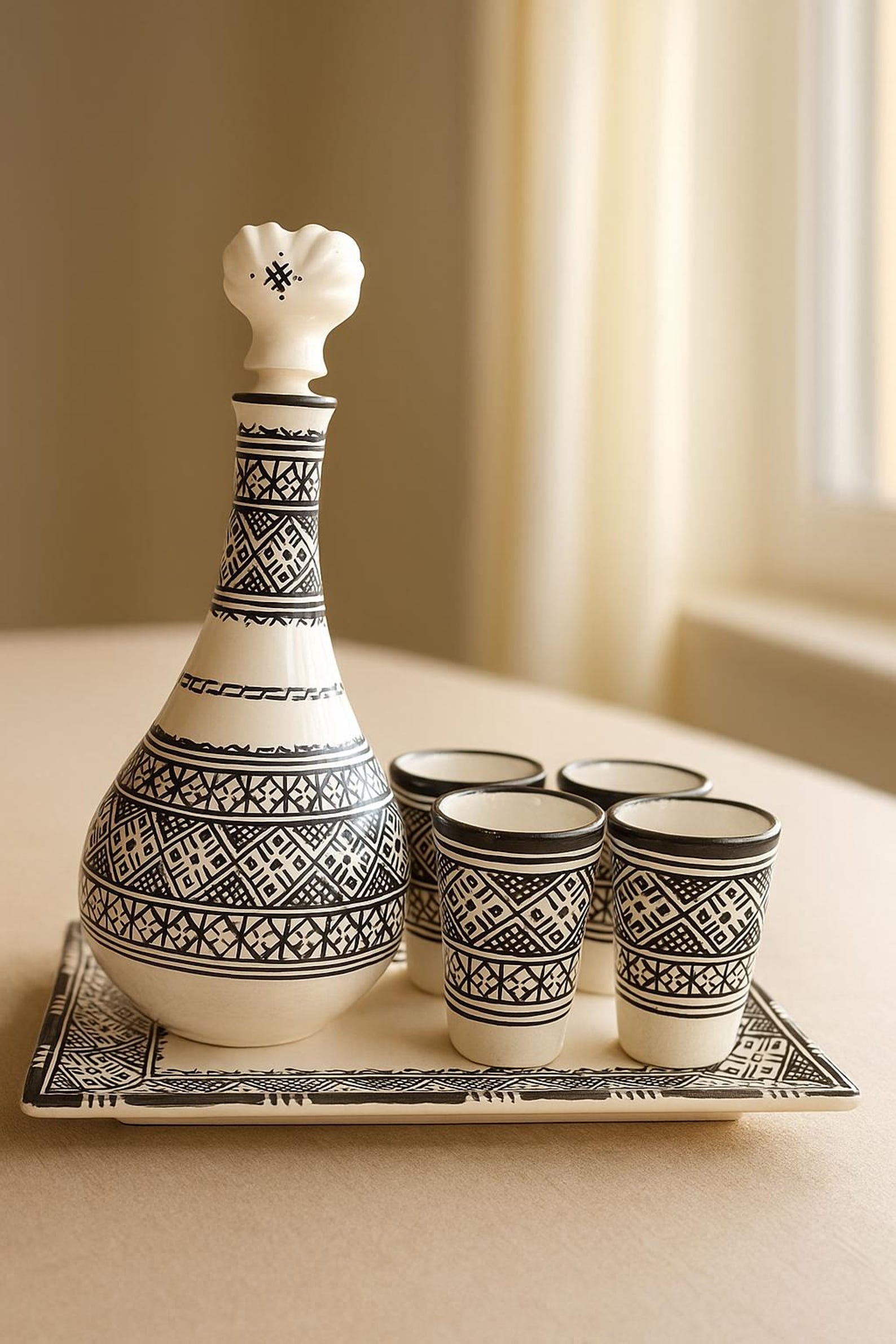 Handmade Moroccan Ceramic Jug and Cups Set – Black and White Geometric ...