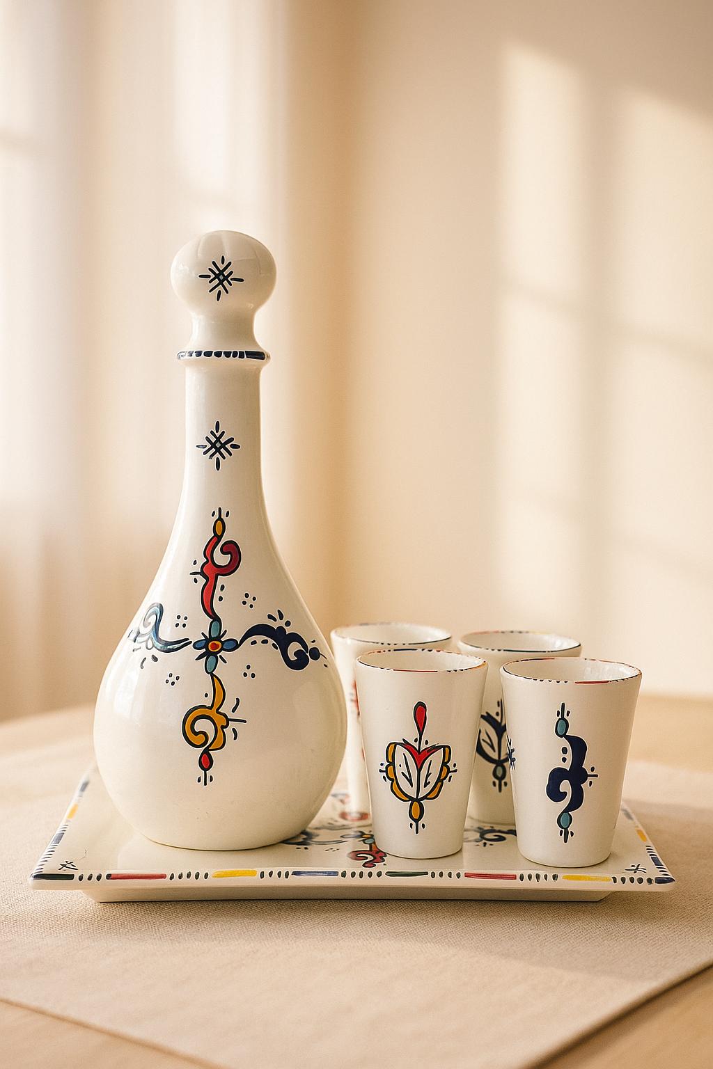 Handmade Moroccan Ceramic Jug and Cups Set – Black and White Geometric ...