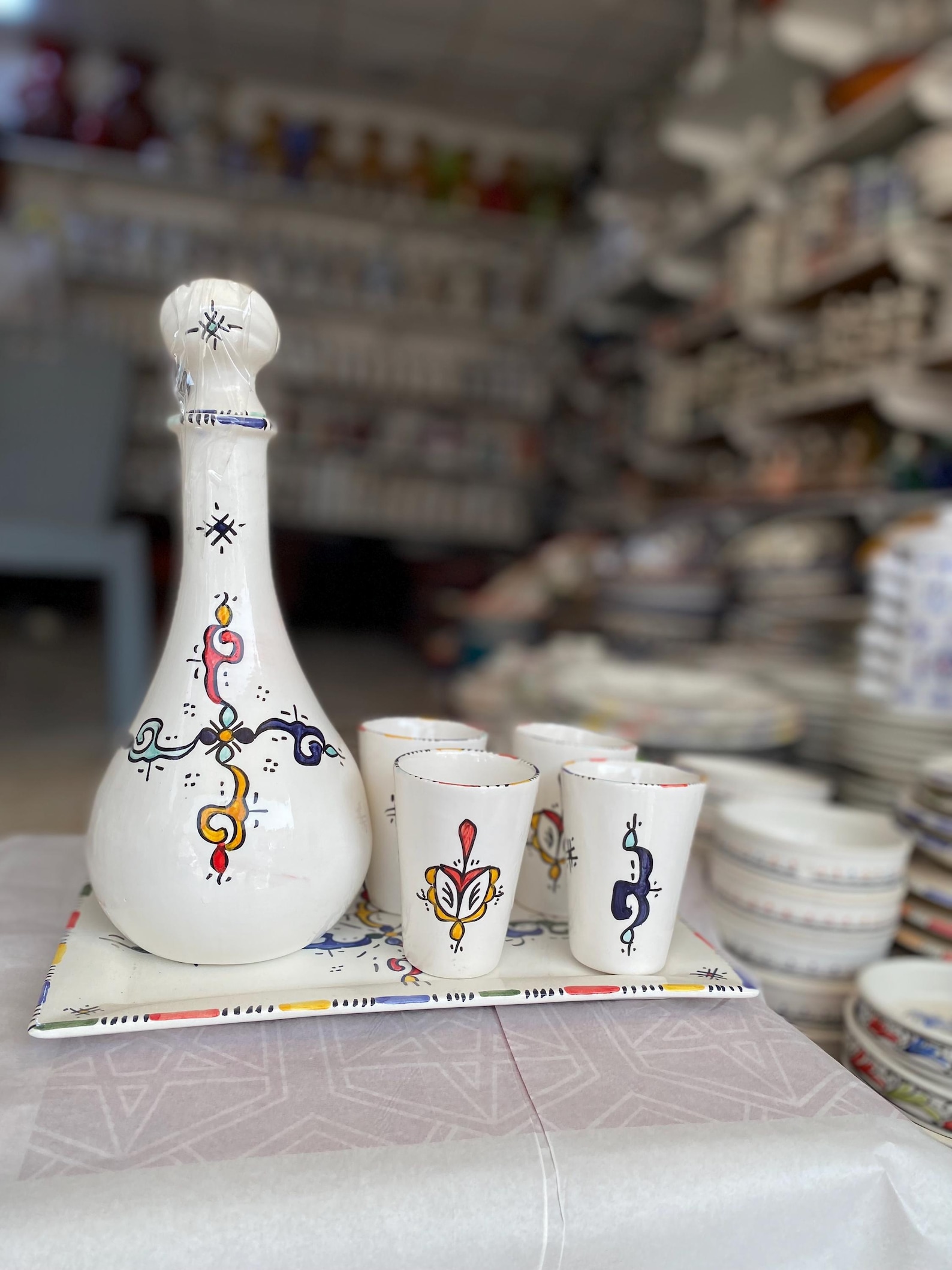 Handmade Moroccan Ceramic Jug and Cups Set – Black and White Geometric ...