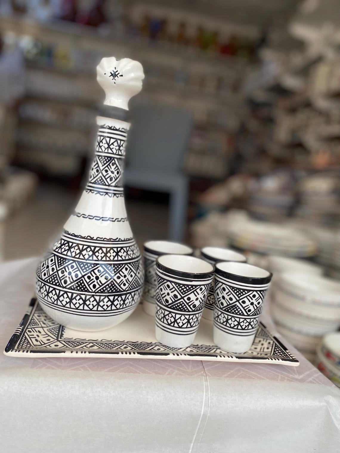 Handmade Moroccan Ceramic Jug and Cups Set – Black and White Geometric ...