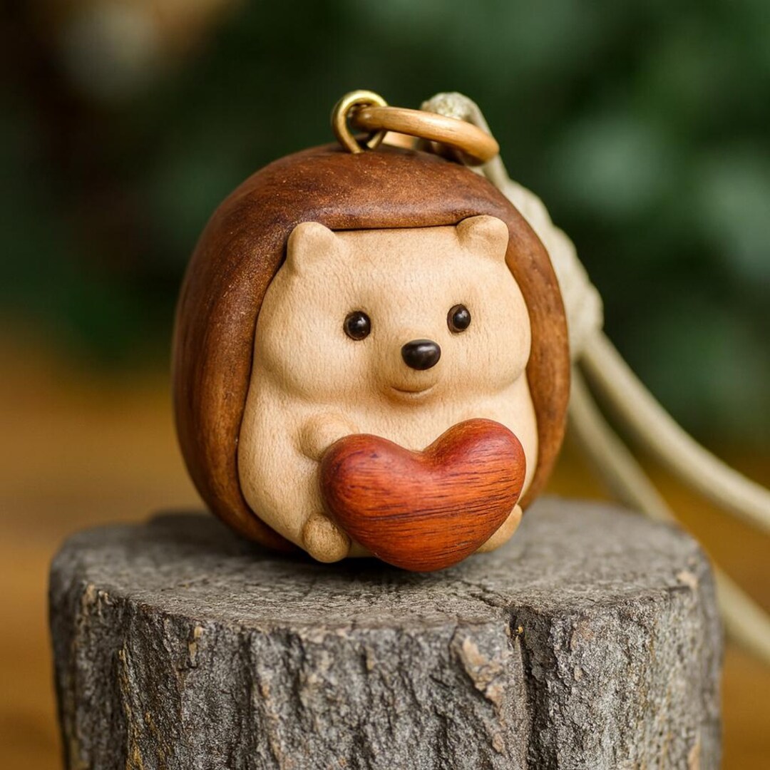 Handmade Wooden Hedgehog Keychain Ornament – Cute Animal Wood Carving ...