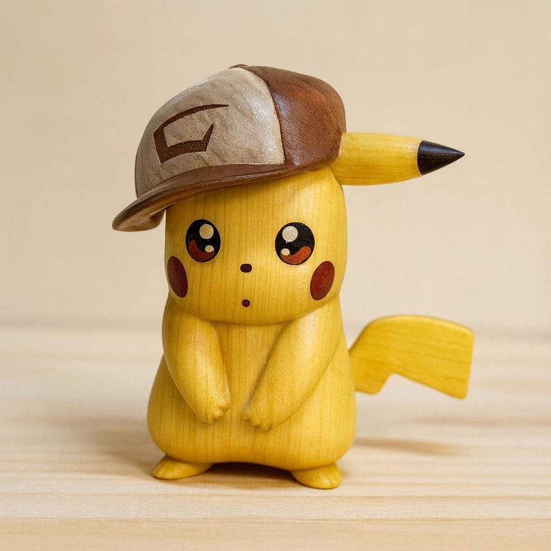 Handcrafted Pikachu Wooden Figurine – Cute Desk Sculpture With Cap ...