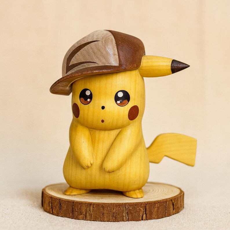 Handcrafted Pikachu Wooden Figurine – Cute Desk Sculpture With Cap ...