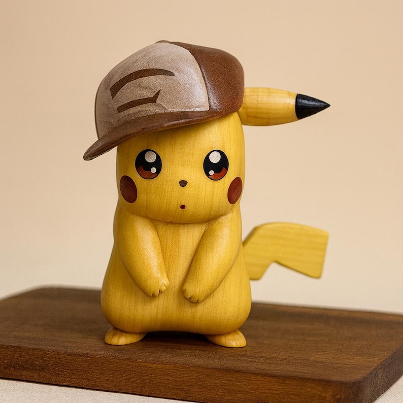 Handcrafted Pikachu Wooden Figurine – Cute Desk Sculpture With Cap ...