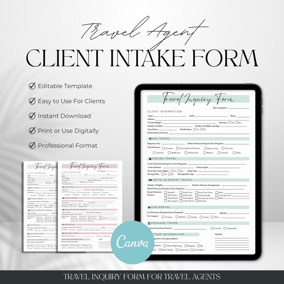 Travel Agent Client Intake Form | Editable Canva Template (digital) - Etsy