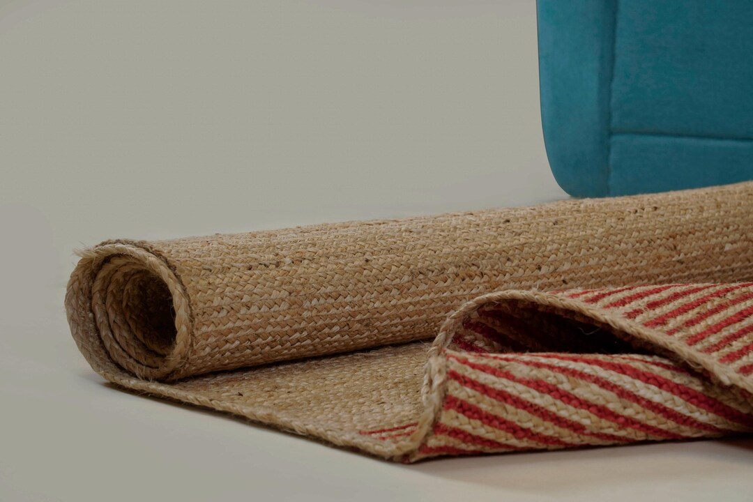 Red Striped Jute Rug, Handmade Natural Fiber Area Rug, Boho Farmhouse ...