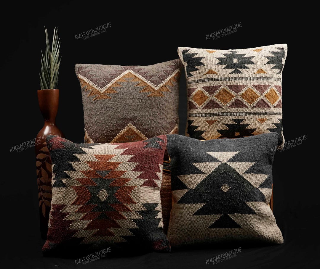 Set of 4 Handwoven Aztec Cushion Covers, Earth Tone Tribal Pillow ...