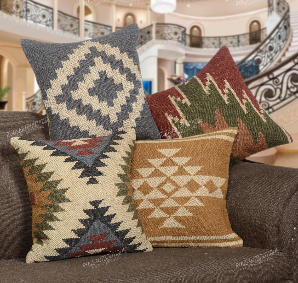 Handwoven Wool Jute Pillow Cover Set: Boho Sofa Cushion 18x18 - Etsy