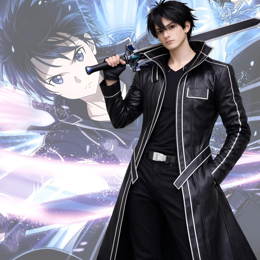 Anime Inspired Black Leather Coat, Long Leather Jacket for Men, Cosplay ...