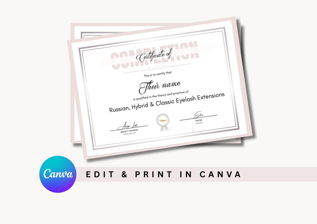 Editable Beauty Certificate Template | Lash Extension Training (canva ...