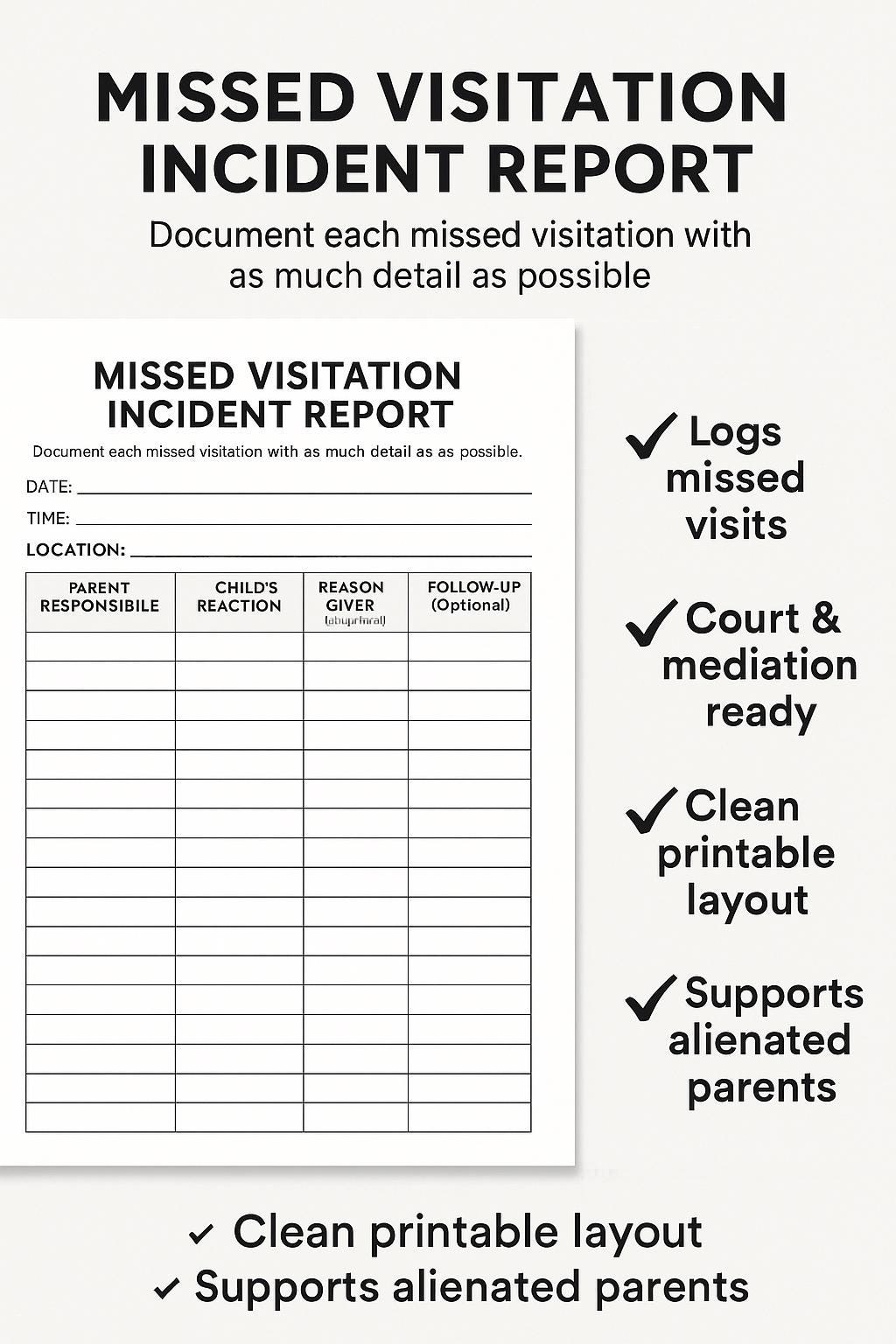Missed Visitation Incident Report | Printable Custody Exchange Log PDF ...