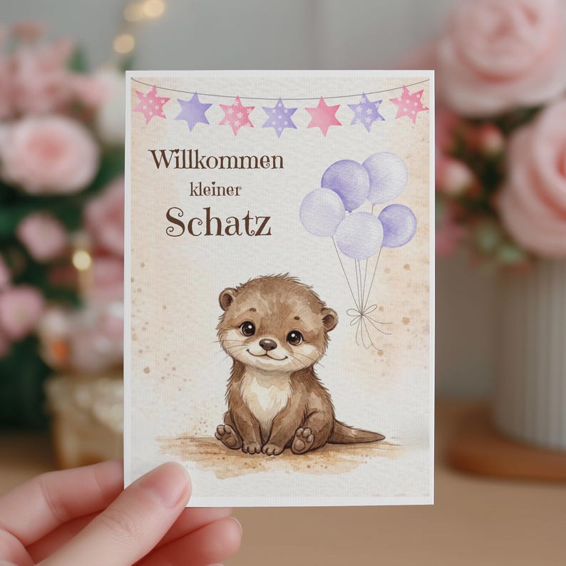 Baby Card With Watercolor Otter Design – Welcome Little Treasure – Boho ...