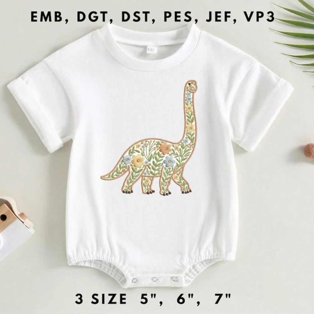 Floral Brontosaurus Embroidery File Baby Dinosaur Floral Pattern ...