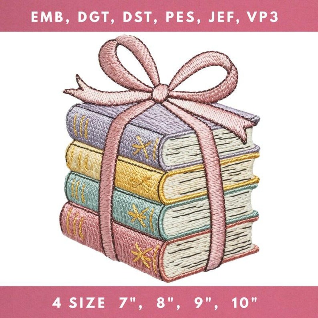 Coquette Stack of Books With Ribbon Bow Embroidery File Girly Book ...