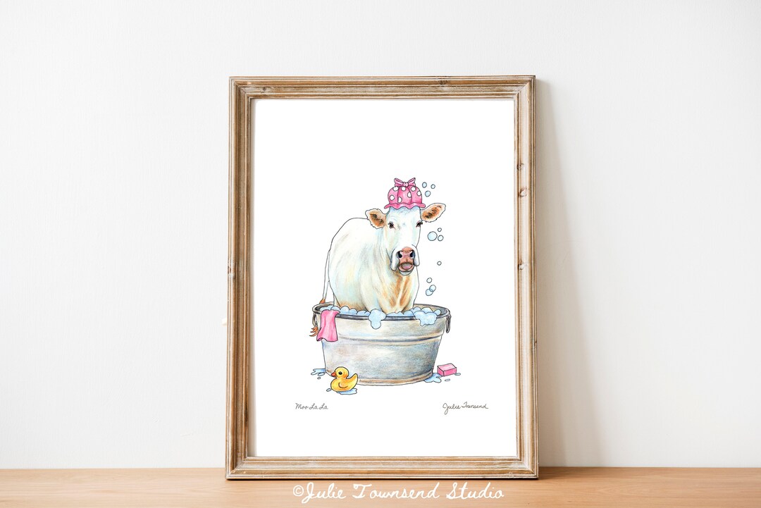 White Charolais Cow Art Cow Wearing a Pink Shower Cap Vintage Wash Tub ...