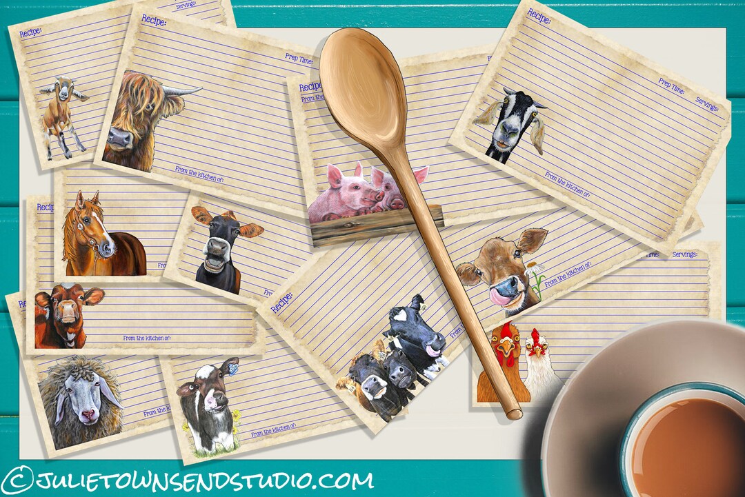 Adorable Farm Animal Kitchen Recipe Cards - 6 Assorted Cow Designs - 4 ...