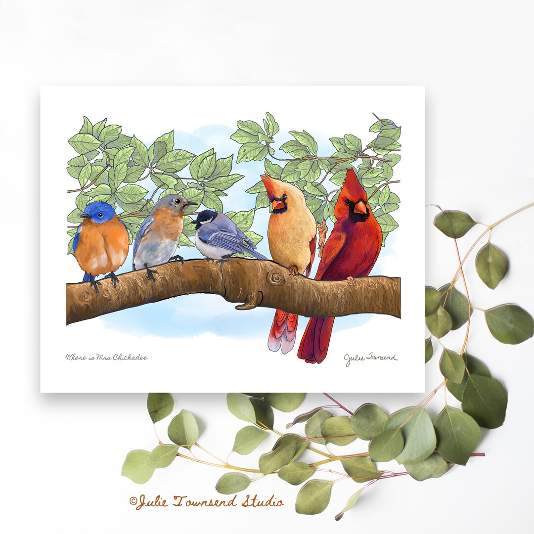 Flock of Birds Note Card Bluebirds and Cardinals on a Tree Branch Cute ...