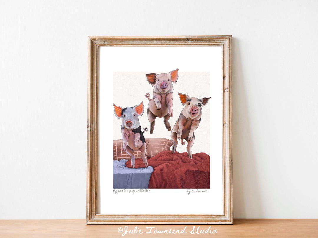 Pig Jumping on the Bed - Colorful Wall Art of a Baby Pigs - Whimsy Pig ...
