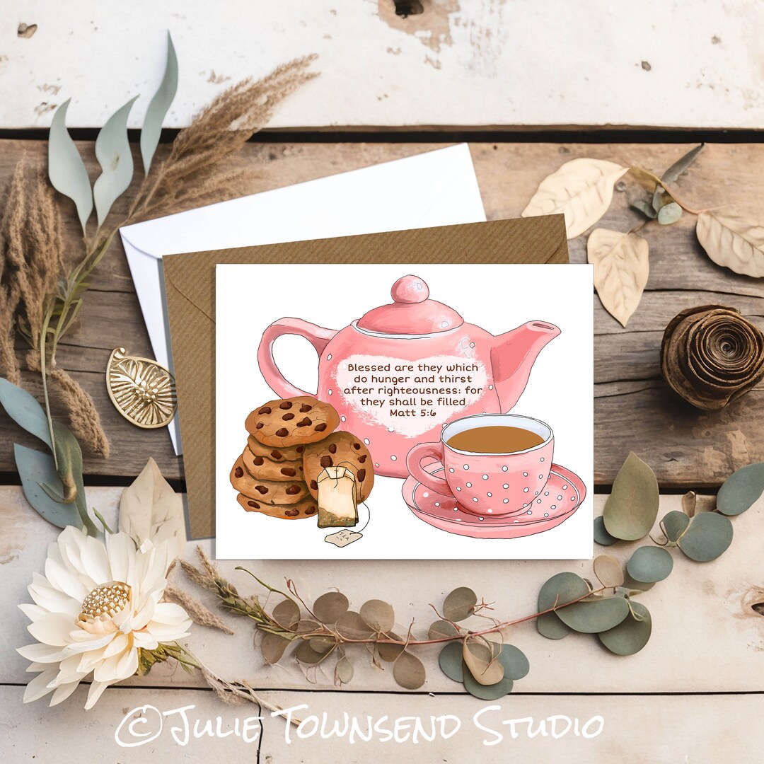 Pink Tea Pot and Cookie Card Blank Scripture Card Set God's Blessing ...