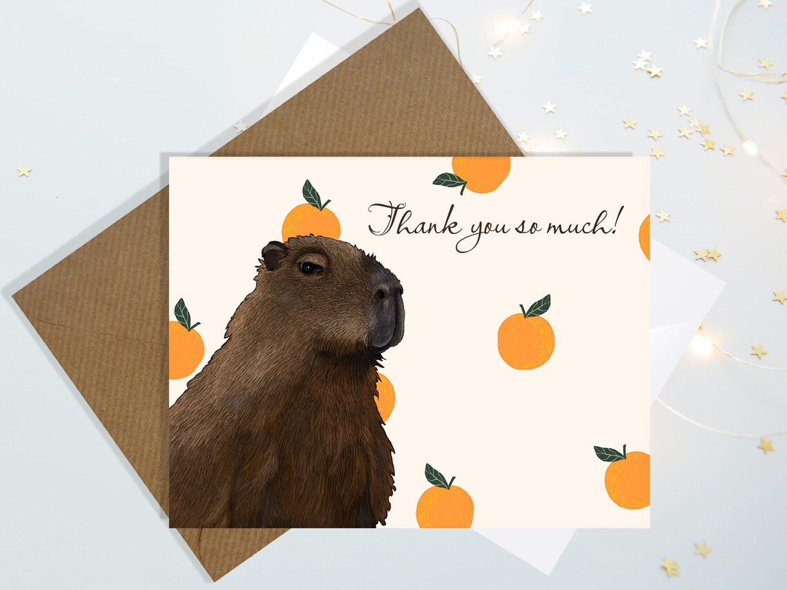 Cute Capybara Thank You Card - Original Animal Art - Whimsical Capybara ...