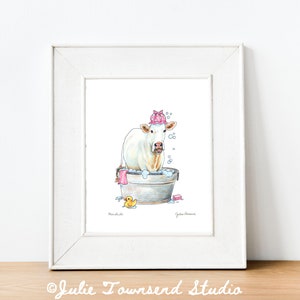 White Charolais Cow Art - Cow Wearing a Pink Shower Cap - Vintage Wash ...
