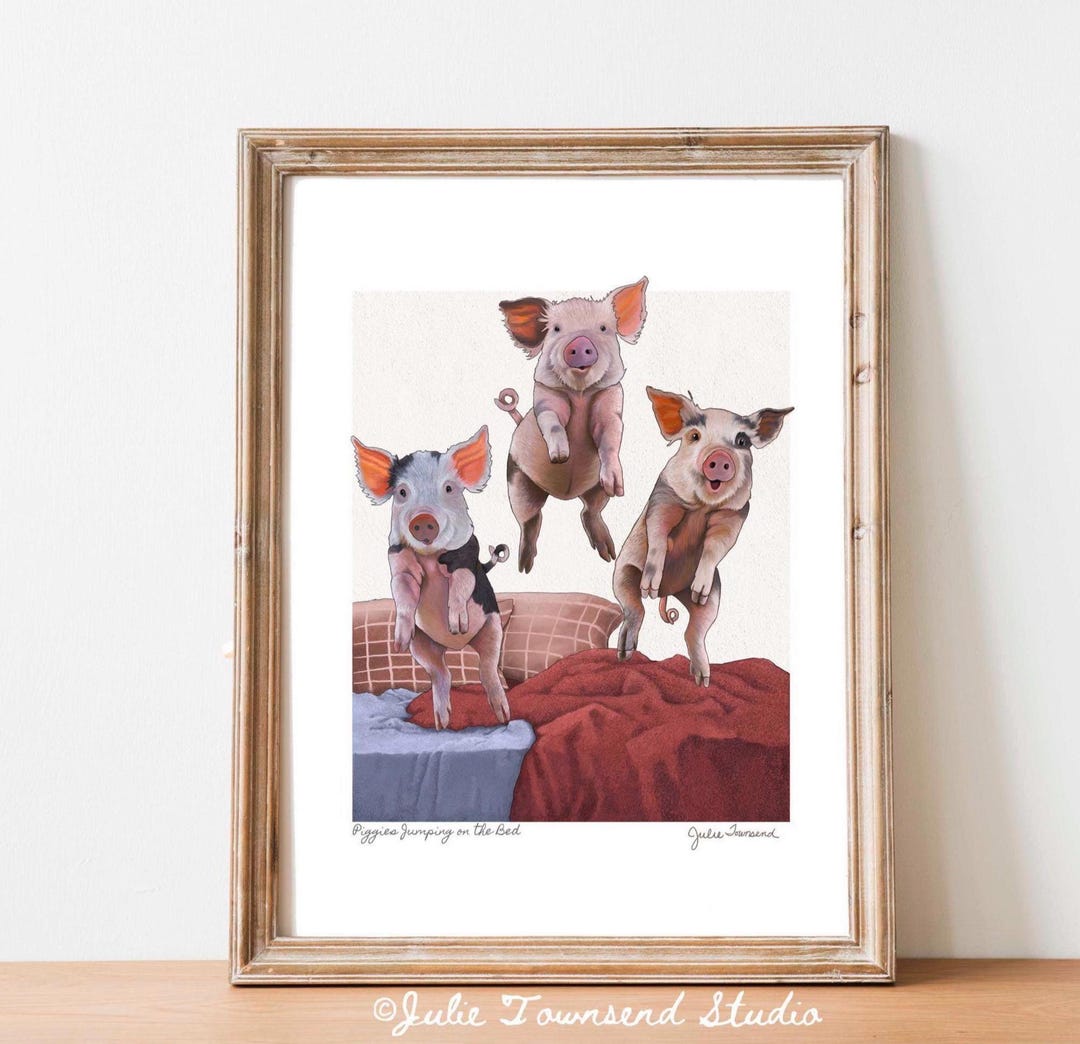 Pig Art Print - Jumping Pigs on the Bed - Colorful Wall Art of a Baby ...