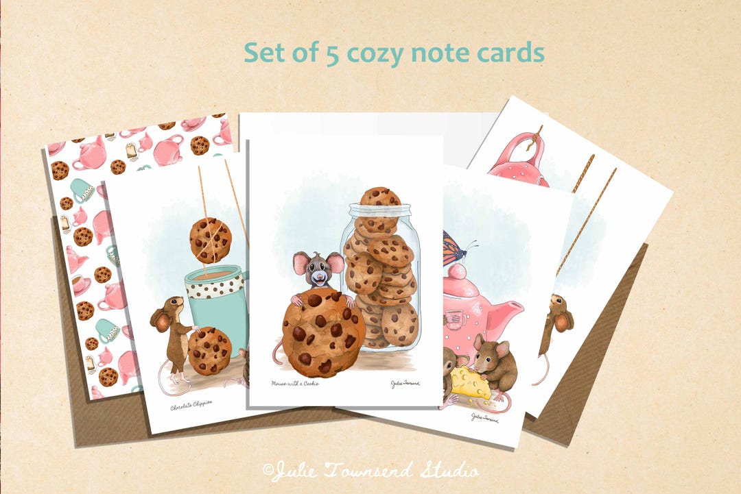 Pretty Pastel Mousey Tea Party Note Card Set - Set of 5 Adorable Mouse ...