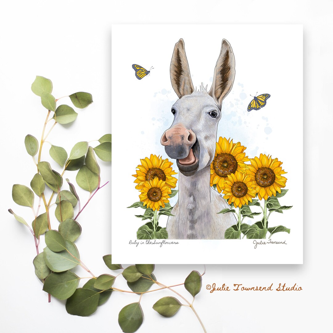Adorable Mule Art Print Mule in the Sunflowers Happy Mule Wall Art ...