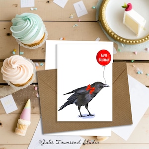 Cute Crow Holding a Red Birthday Balloon - Perfect Birthday Card for ...