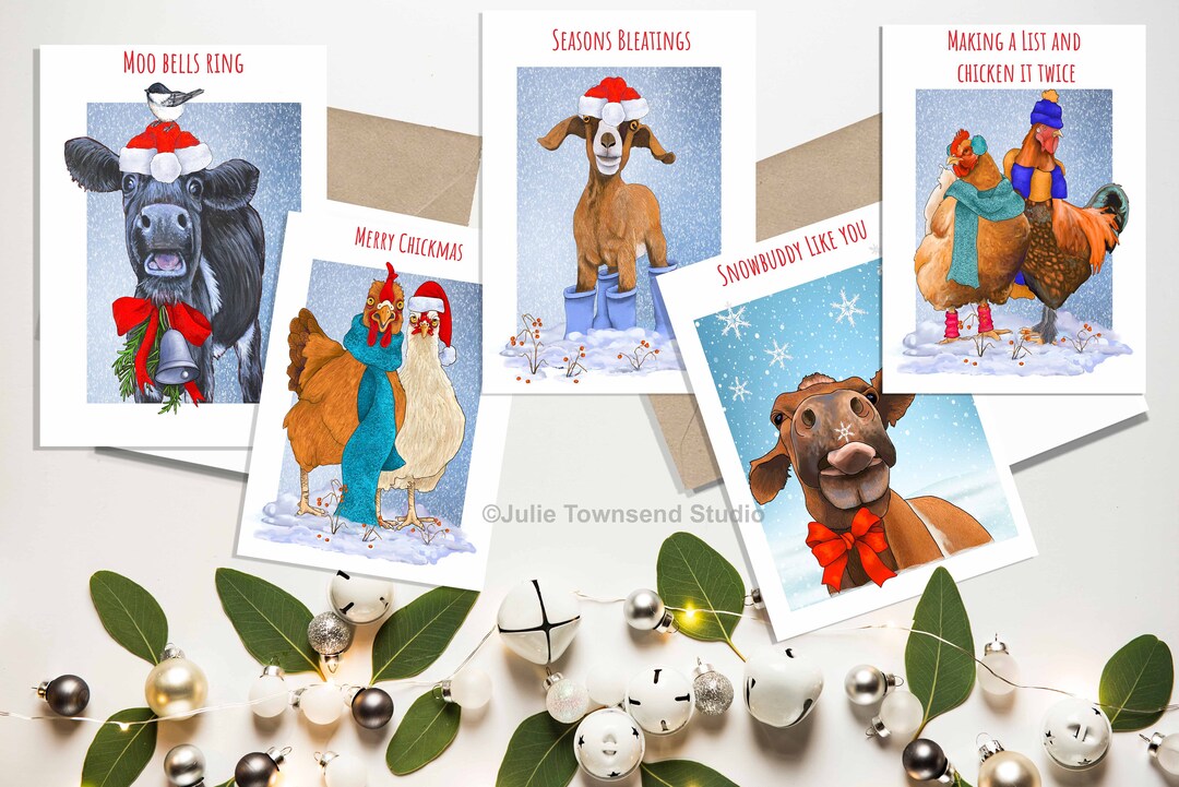 Funny Farm Christmas Cards - Set of 5 Animal Holiday Cards - Cows Ducks ...
