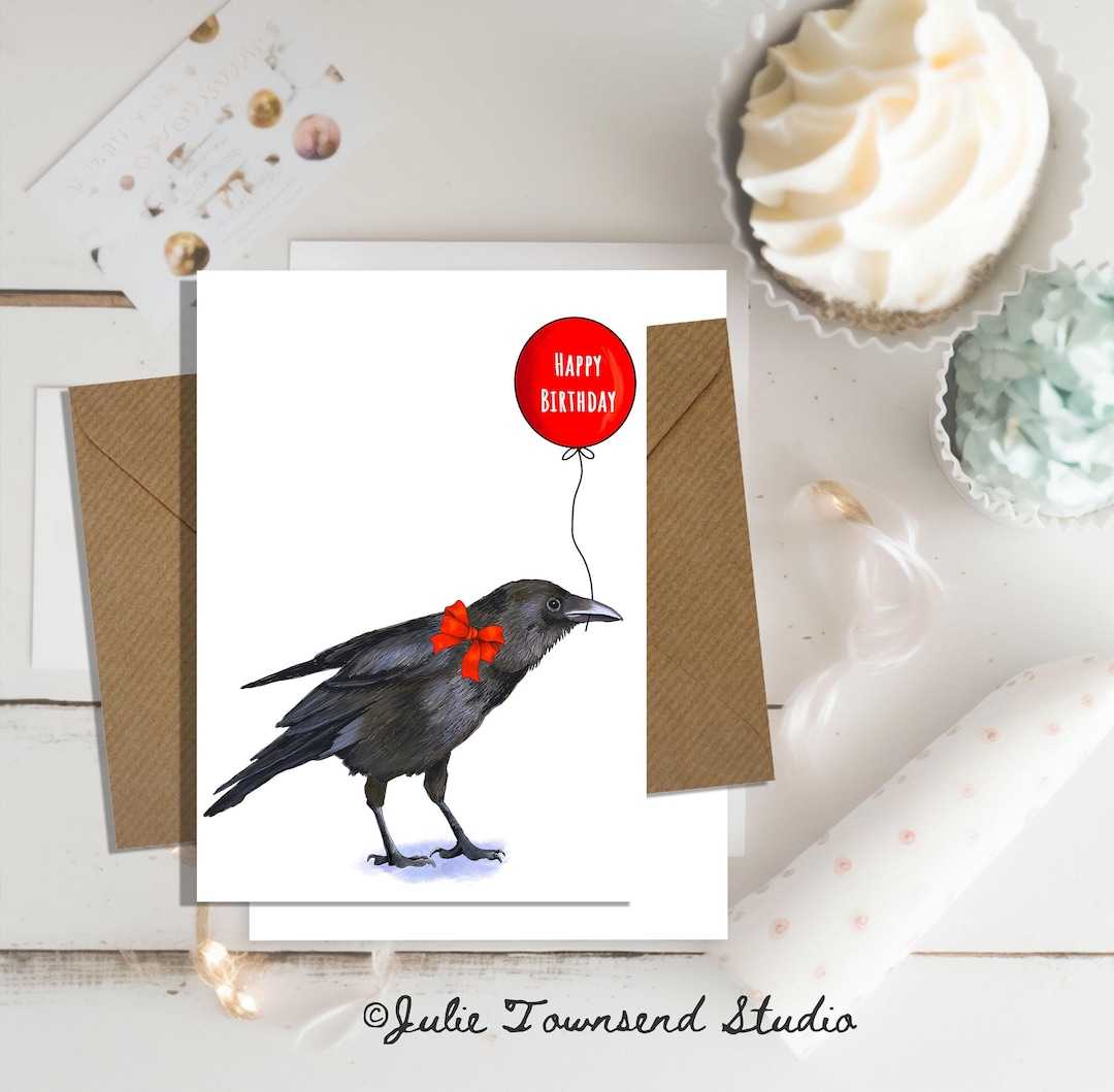 Cute Crow Holding a Red Birthday Balloon - Perfect Birthday Card for ...