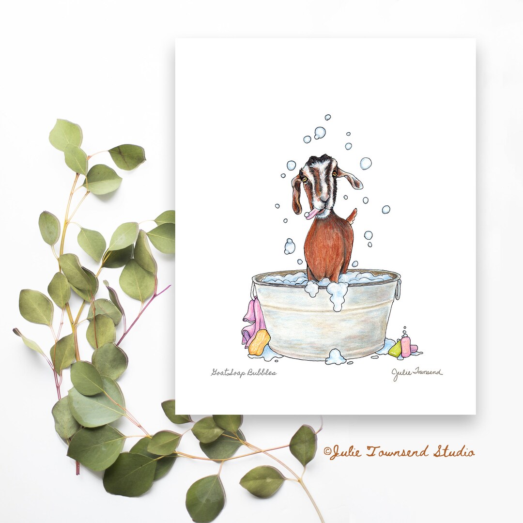 Cute Goat Taking a Bubble Bath in an Old Wash Tub Goat Wall Art Makes a ...